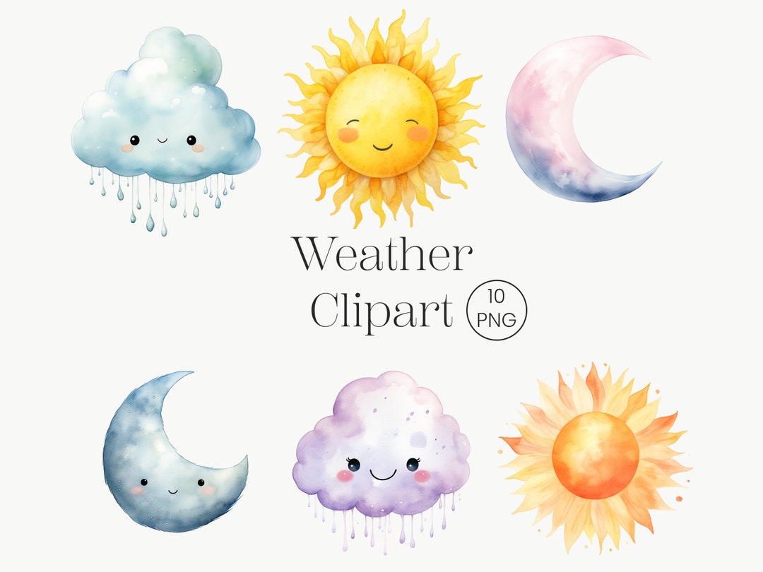 Watercolor Sun, Moon, Cloud Clipart | 10 PNG | Watercolor Weather Clip ...