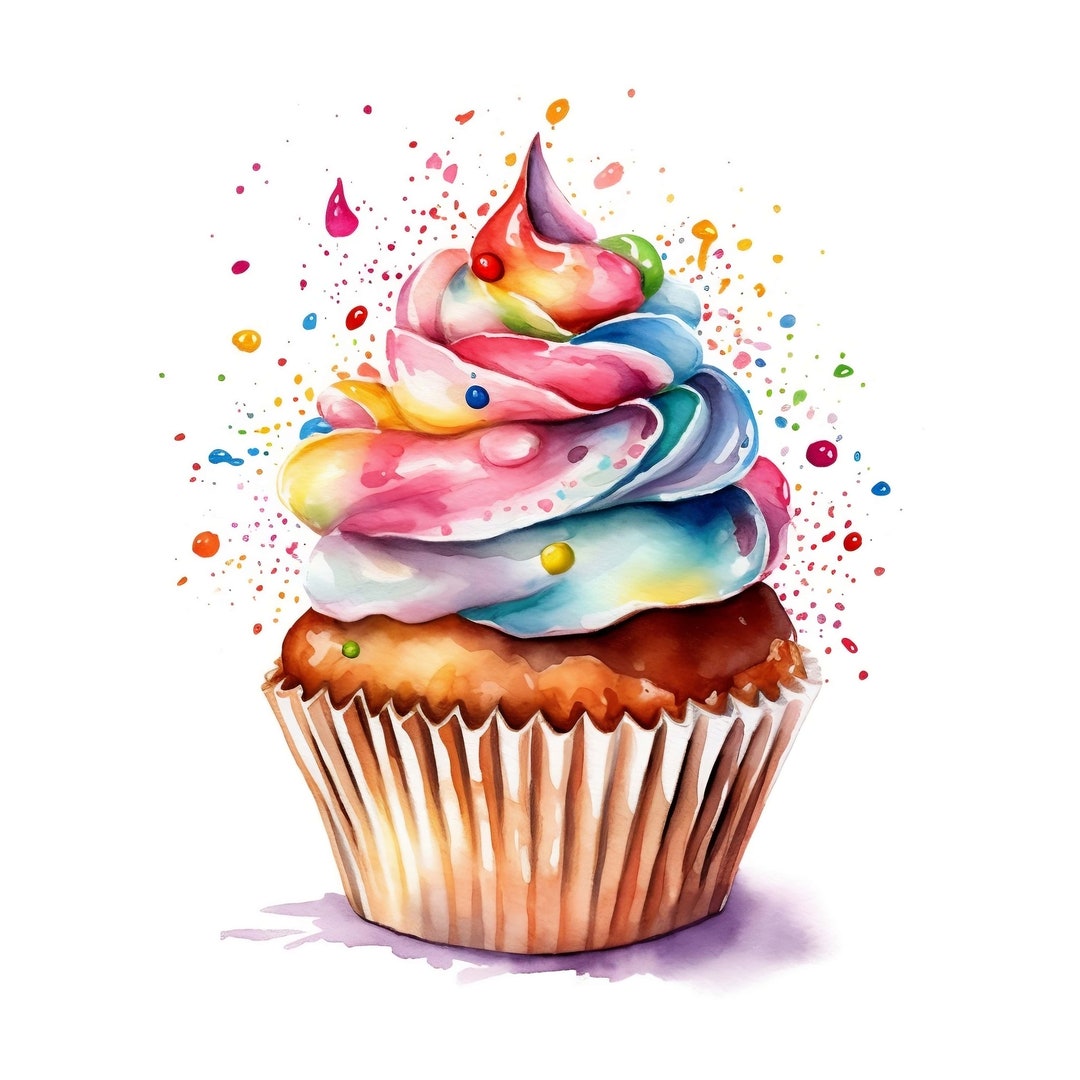 10 Colorful Cupcake Watercolor Clipart | JPG Files Clip Art | Birthday ...