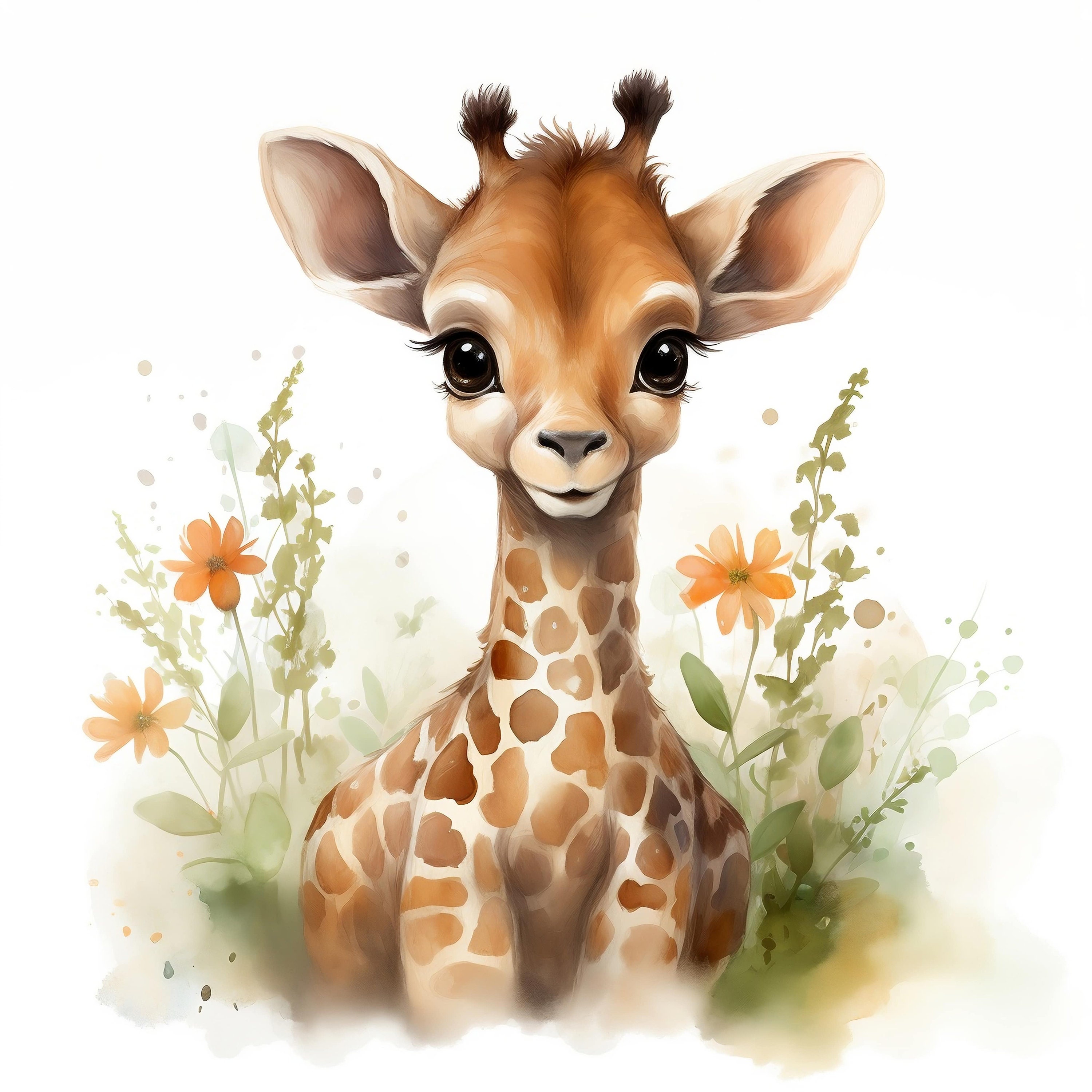 Watercolor Baby Giraffe Clipart: Floral Nursery Art (digital Download ...