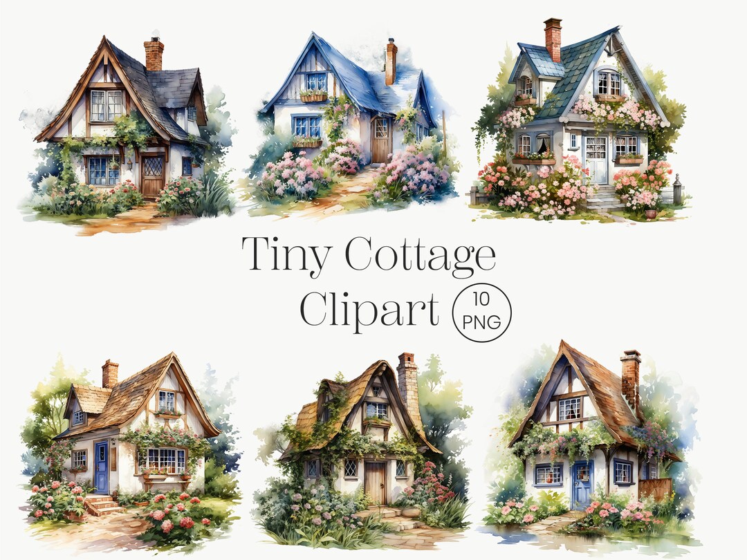 Watercolor Cottage Clipart, 10 PNG Tiny Cottage Core, Tiny House ...