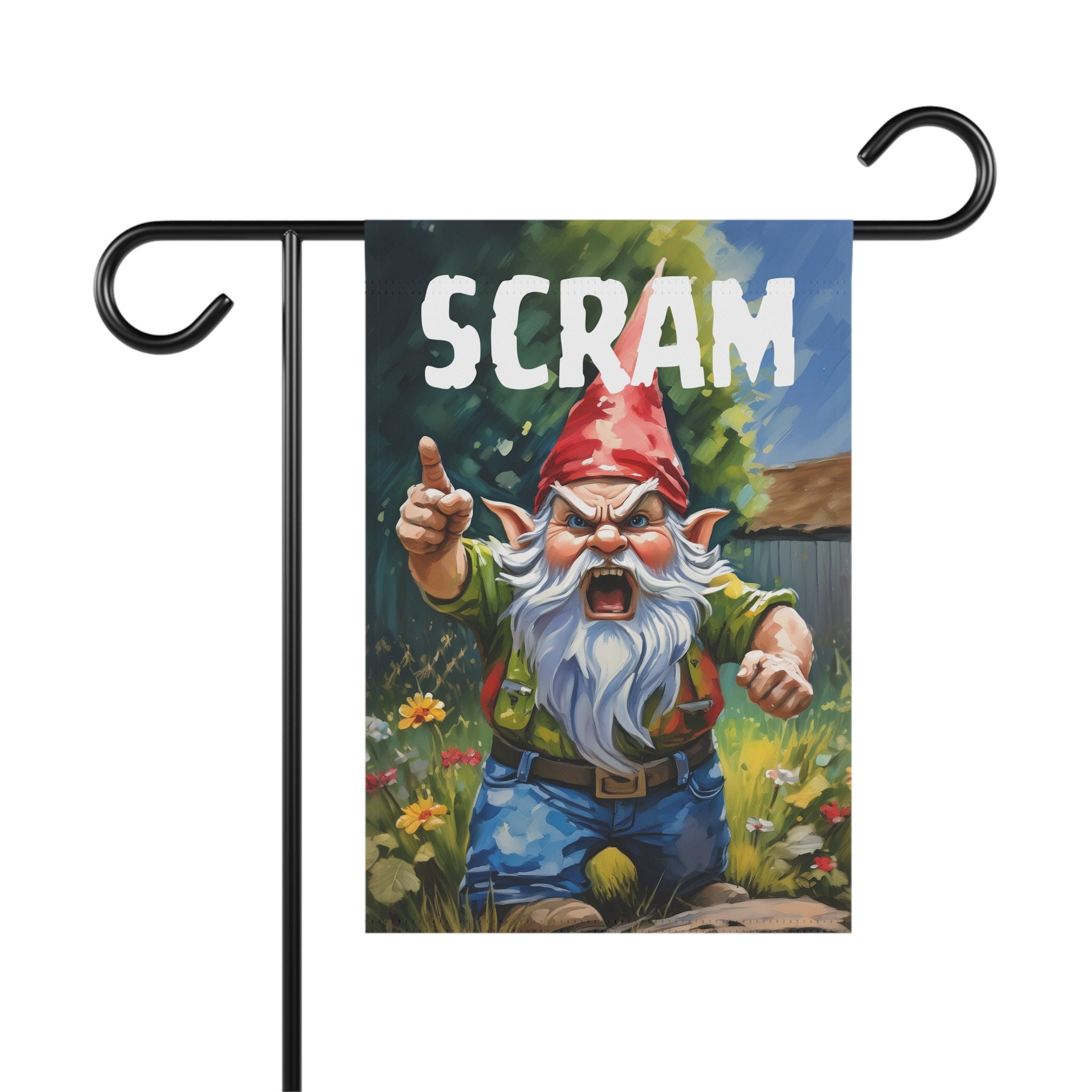 Scram, No Soliciting Angry Gnome Flag, Angry Garden Gnome Funny Sign ...
