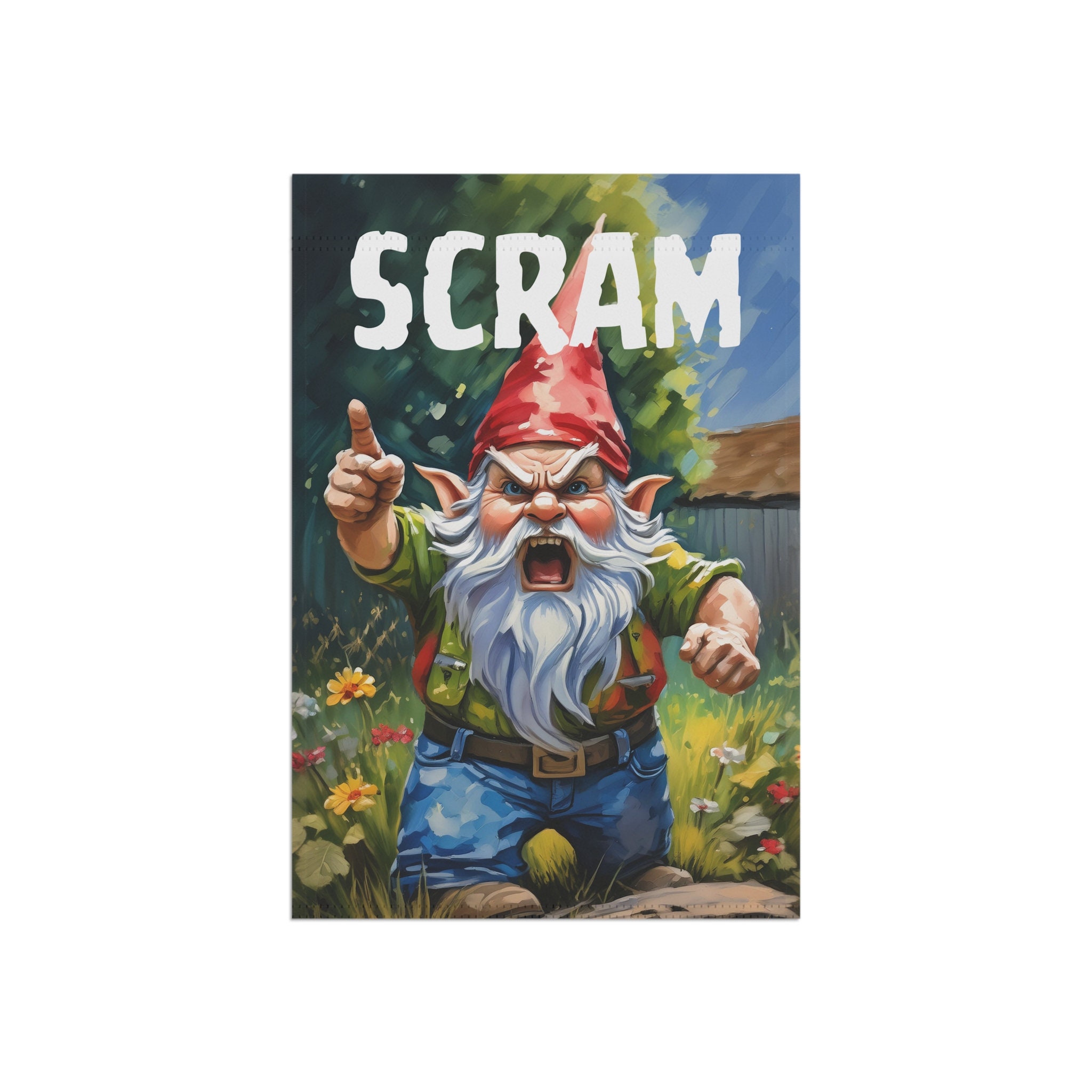 Scram, No Soliciting Angry Gnome Flag, Angry Garden Gnome Funny Sign ...