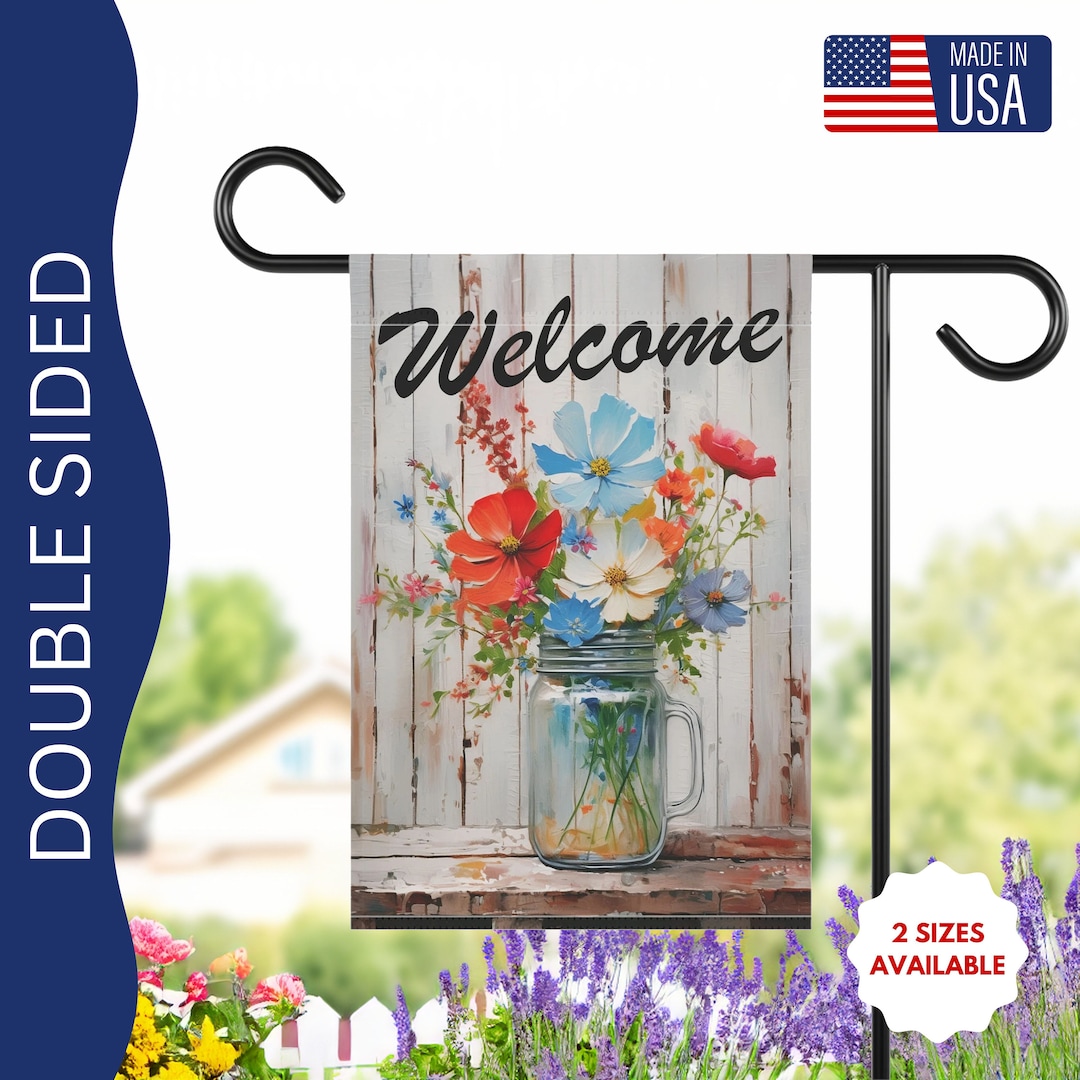 Spring Flower Welcome Banner, Porch Flag, Summer Flowers in Glass Jar ...