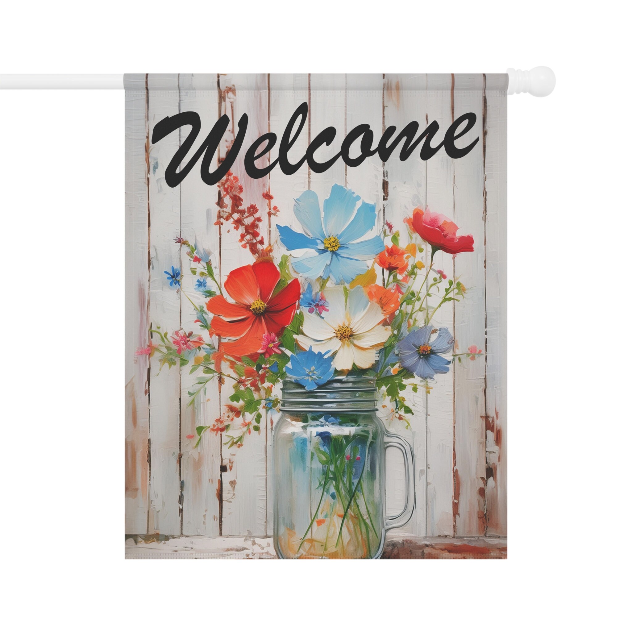 Spring Flower Welcome Banner, Porch Flag, Summer Flowers in Glass Jar ...
