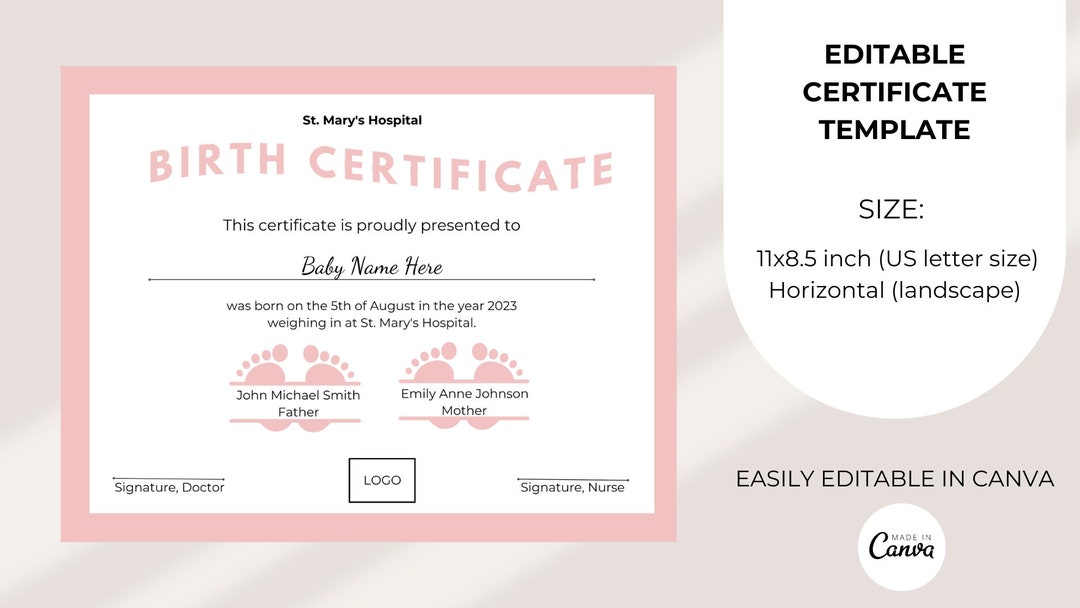 Personalized Baby Birth Certificate Template Editable Newborn - Etsy