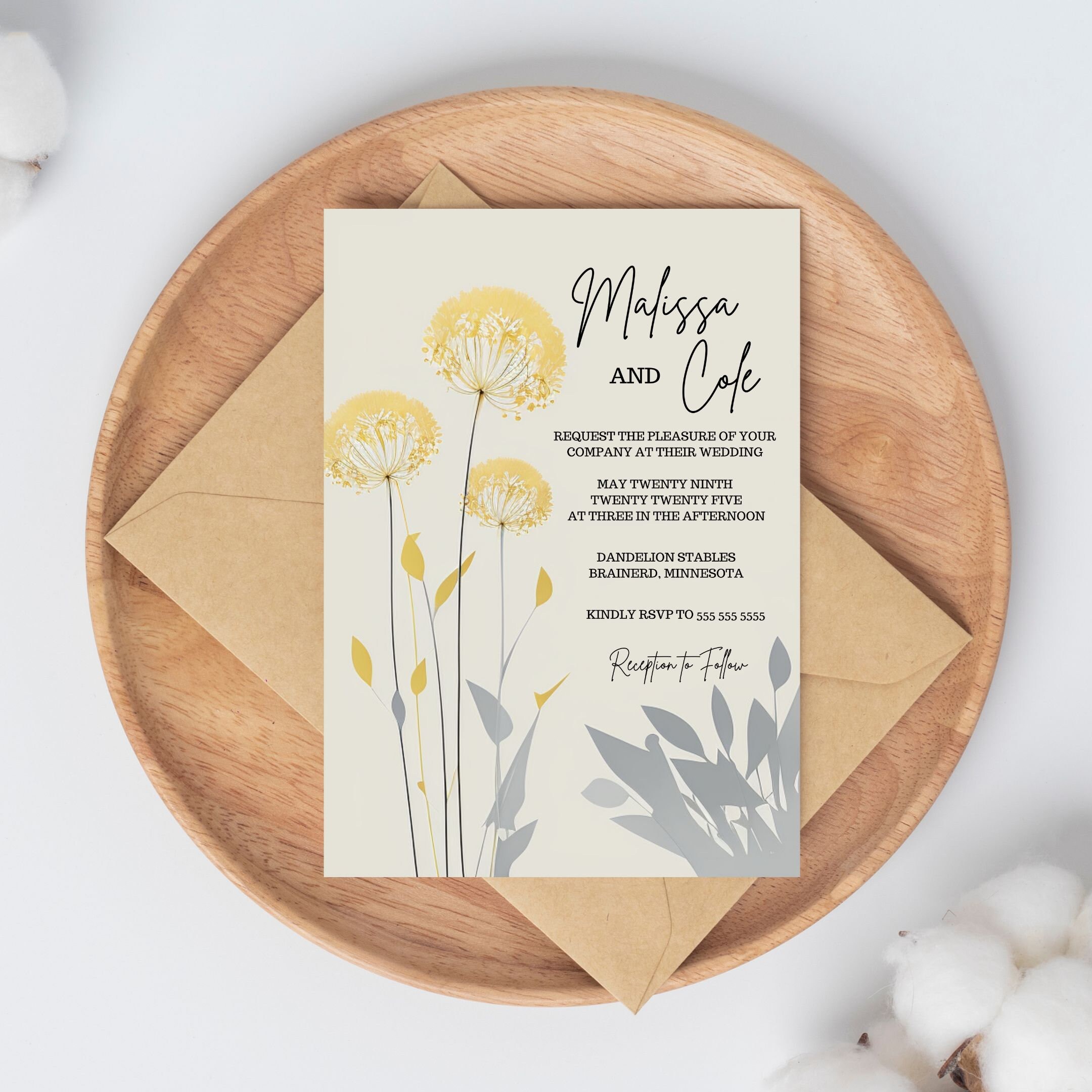 Editable Digital Invitation Template Dandelions Design Grey Yellow Beige Colors Wedding Birthday ...