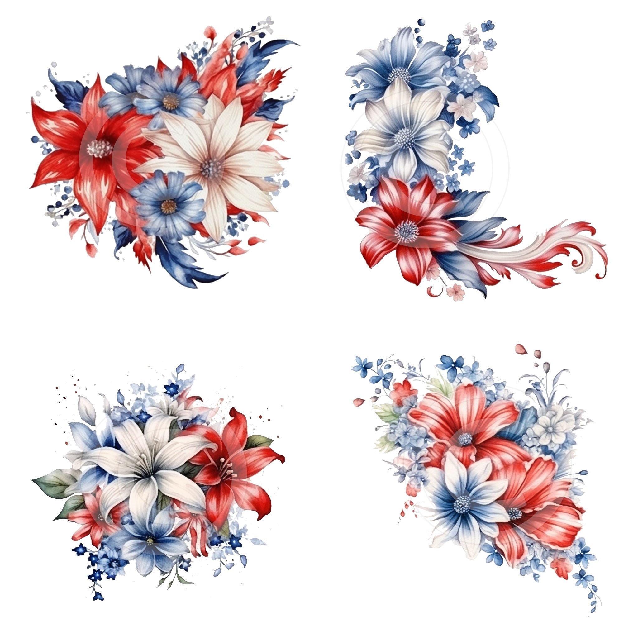 Patriotic Flowers Clipart PNG Watercolor Red White Blue - Etsy UK