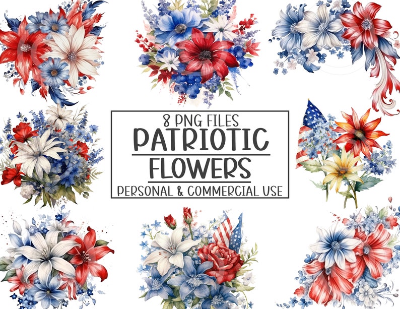 Patriotic Flowers Clipart PNG Watercolor Red White Blue - Etsy UK