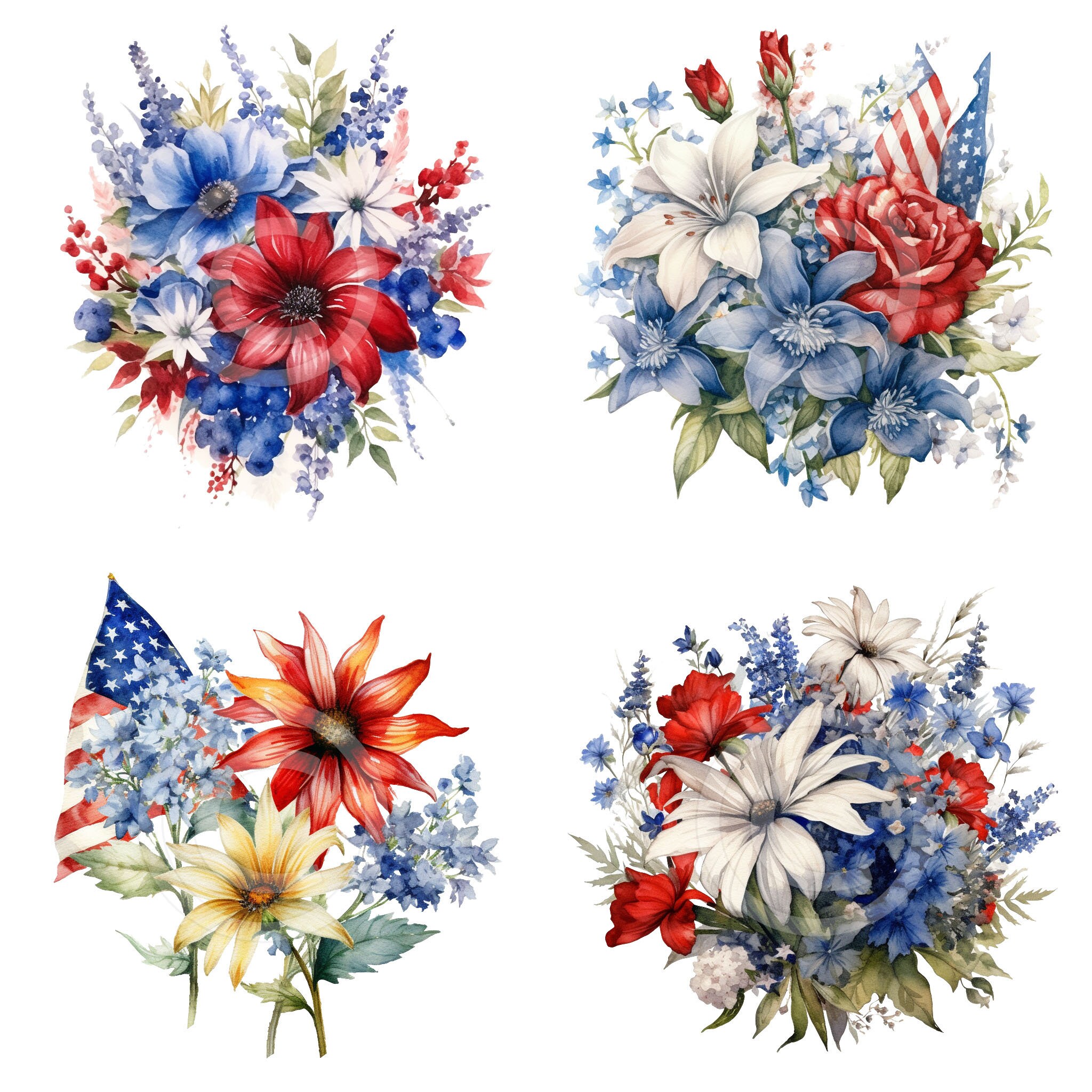 Patriotic Flowers Clipart PNG Watercolor Red White Blue - Etsy UK