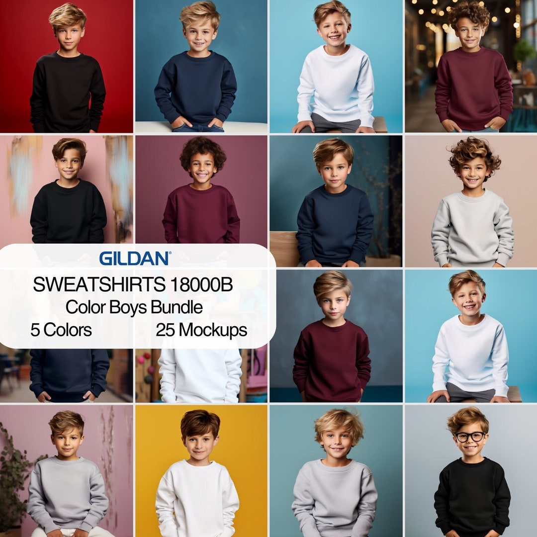 Gildan 18000B Color Boys Sweatshirt Mockup Kids Hoodies Model, Gildan ...