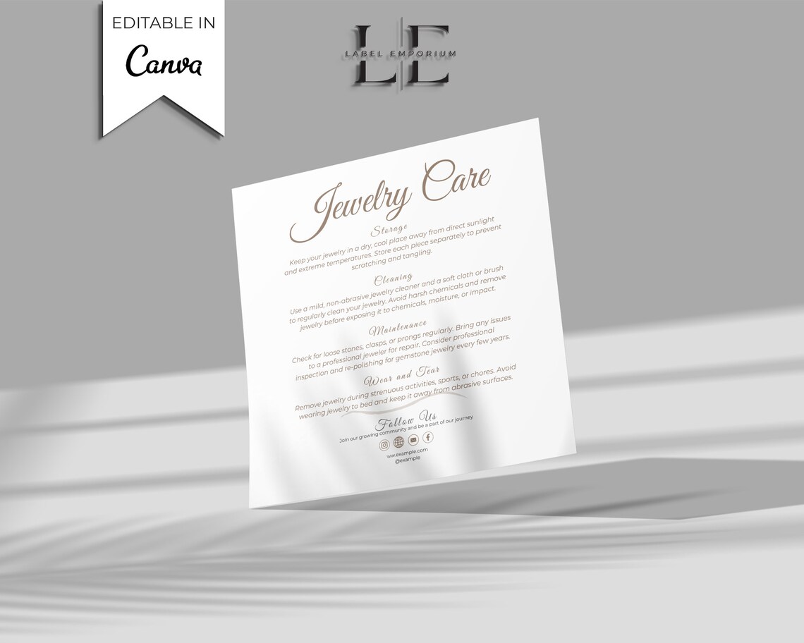 Editable Jewelry Care Card Template Business Thank You Card Printable ...