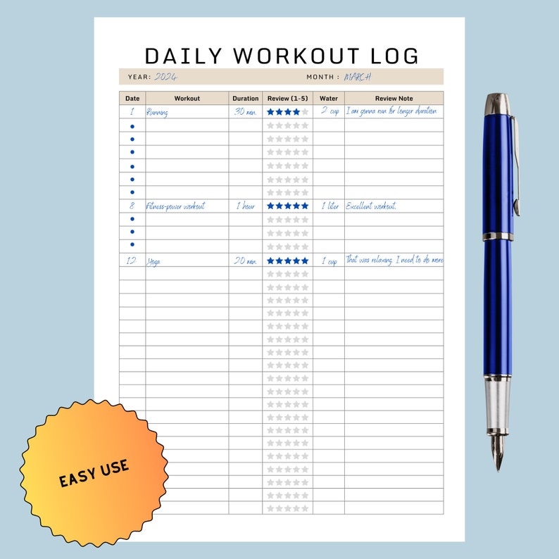 Daily Workout Log, Printable Planner, 5 Colour, Fitness Tracker ...