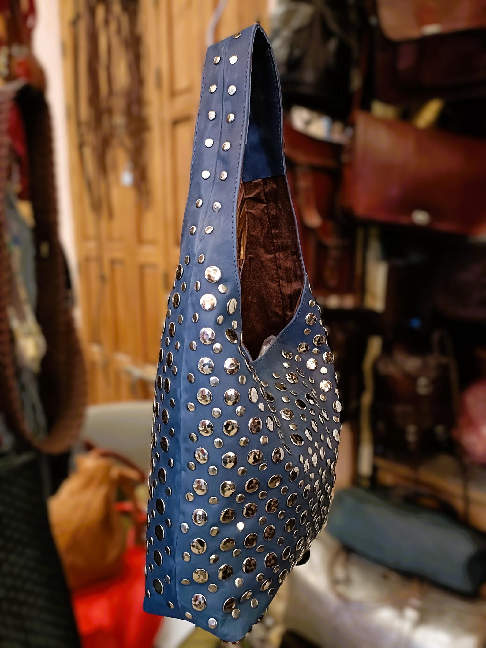 BLUE Studded Shoulder Bag – Edgy Punk Rock Tote, Vegan Leather Handbag ...