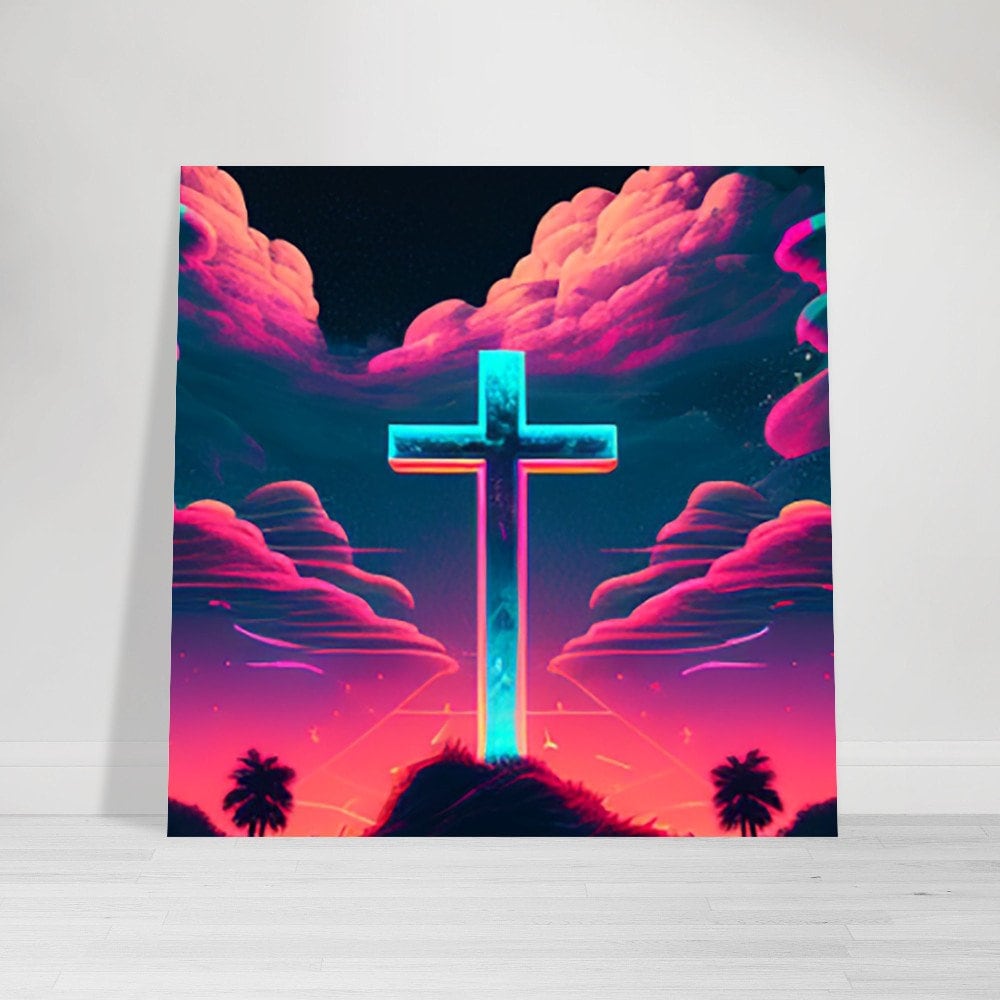 Retro Neon Jesus Cross Aluminum Print, Christian Wall Art, Jesus Decor ...