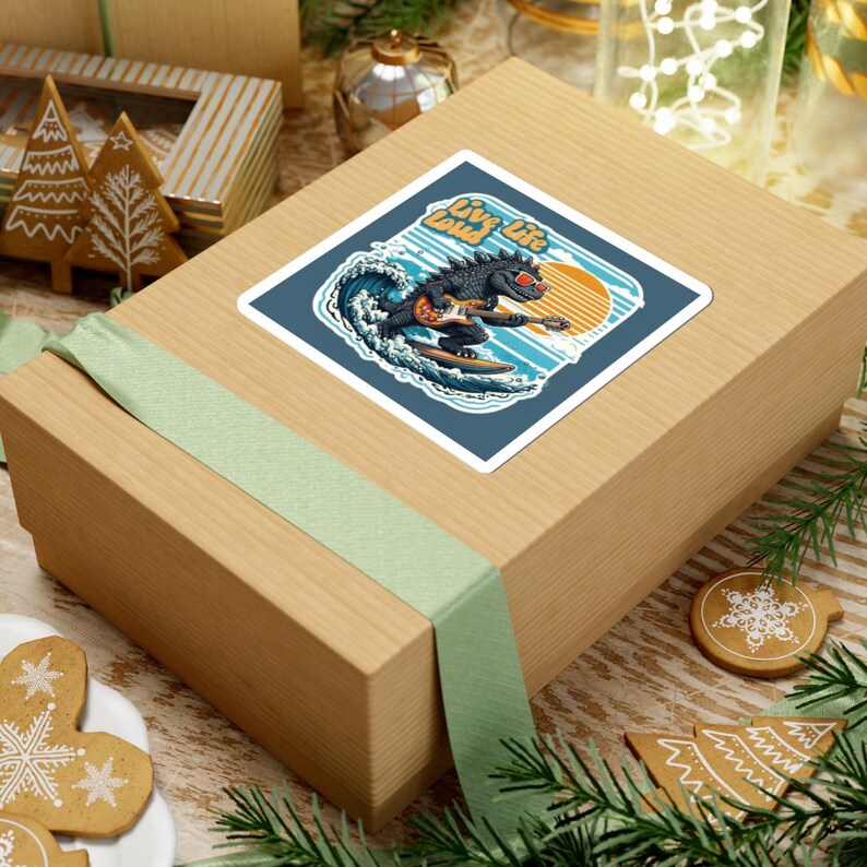 Godzilla in Sunglasses Guitar Surfing Kiss-cut Stickers, Cool Lizard ...