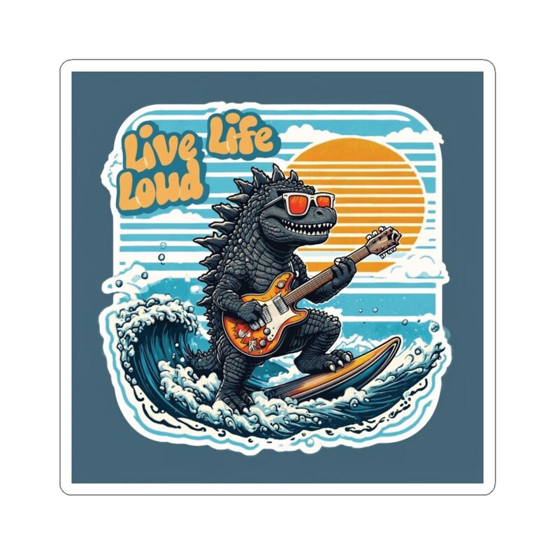 Godzilla in Sunglasses Guitar Surfing Kiss-cut Stickers, Cool Lizard ...