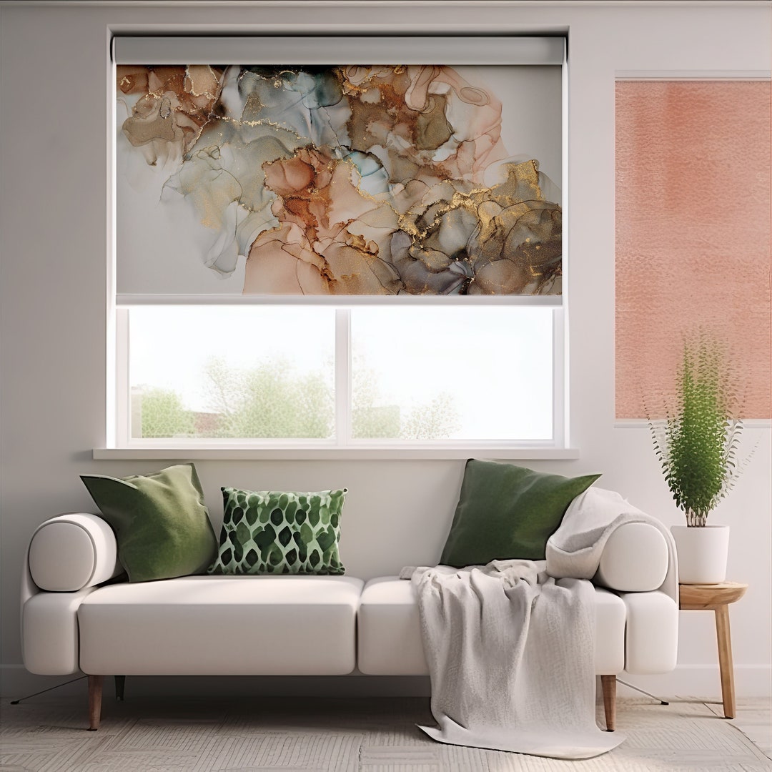 Gold Marble Picture Wİndow Roller Curtains for Living Room ...