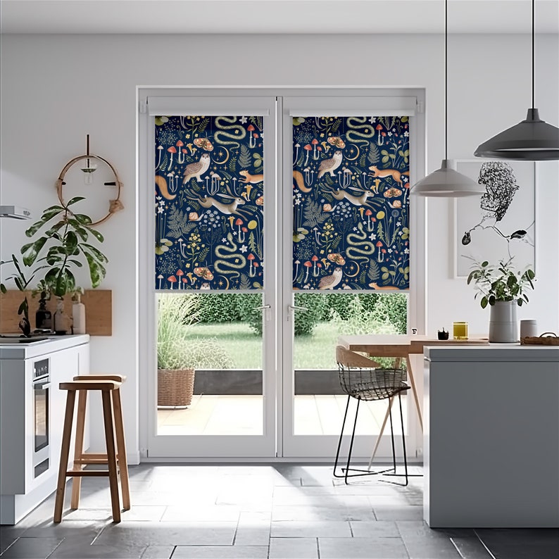 Navy Blue Mushroom Picture Wİndow Roller Curtains, French Door ...