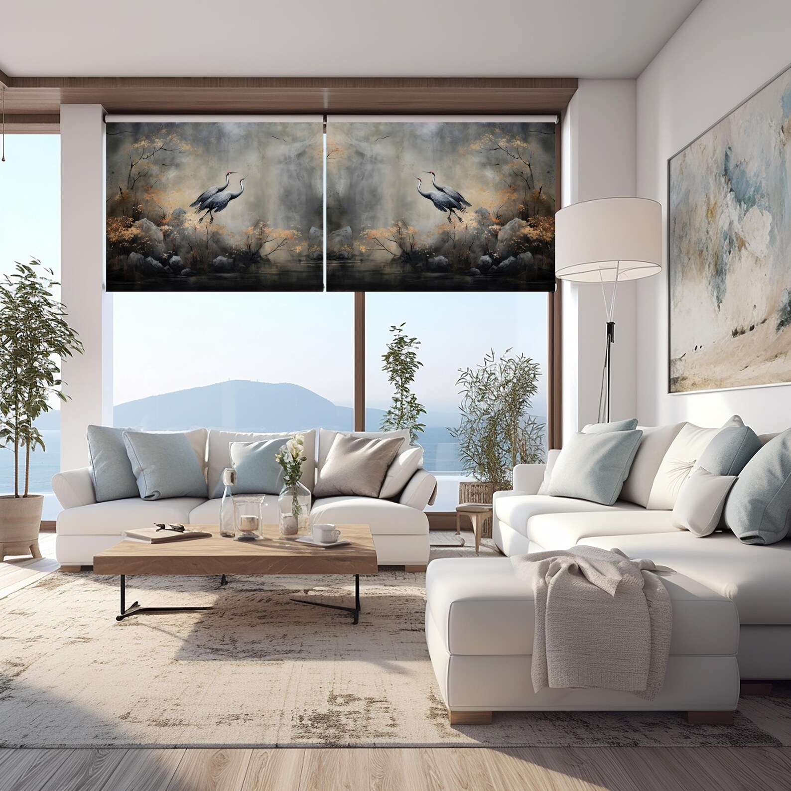 Crane Landscape Roller Shades for Kitchen, Chinoiserie Roller Blind for ...