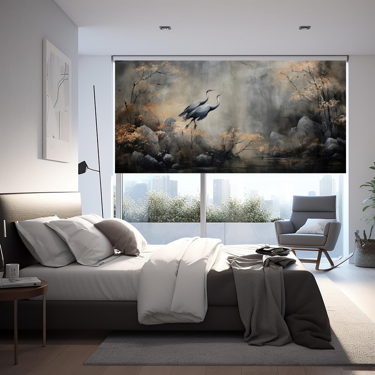 Crane Landscape Roller Shades for Kitchen, Chinoiserie Roller Blind for ...