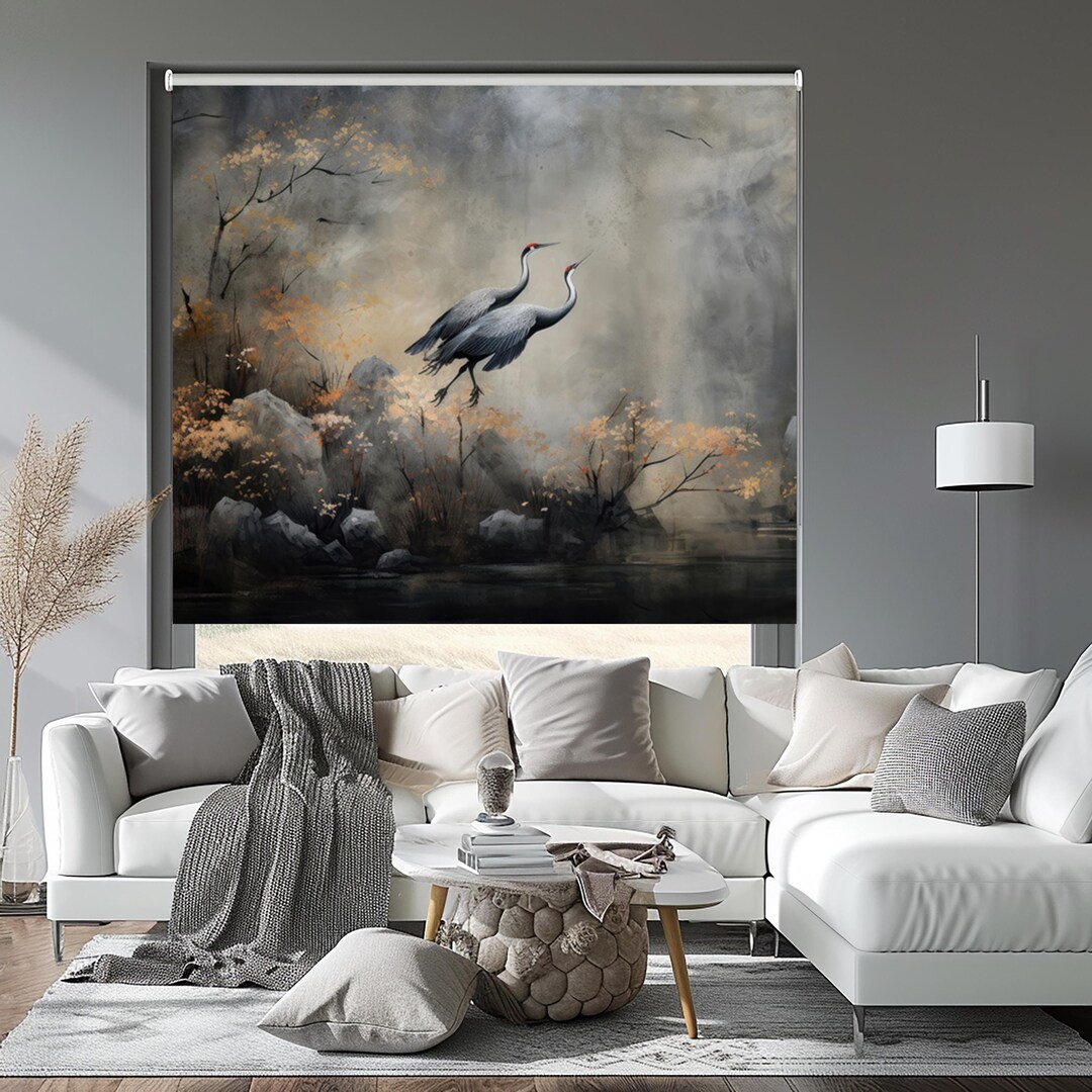 Crane Landscape Roller Shades for Kitchen, Chinoiserie Roller Blind for ...