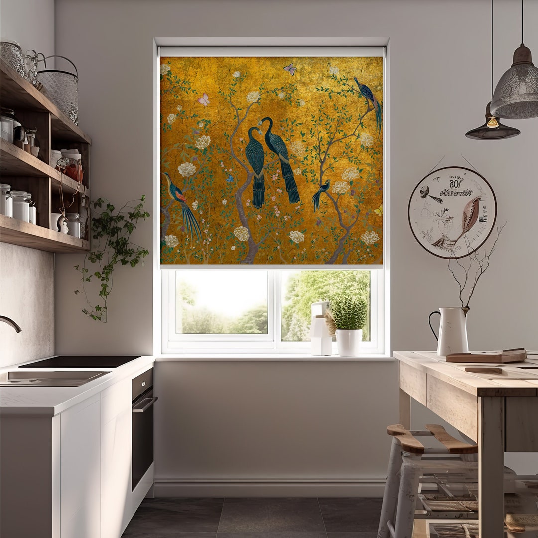 Yellow Chinoiserie Window Shades, Roller Curtains for Living Room Boho ...