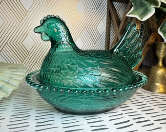 MCM Vintage Indiana Glass Company Olive Green Glass Hen on Nest Candy ...