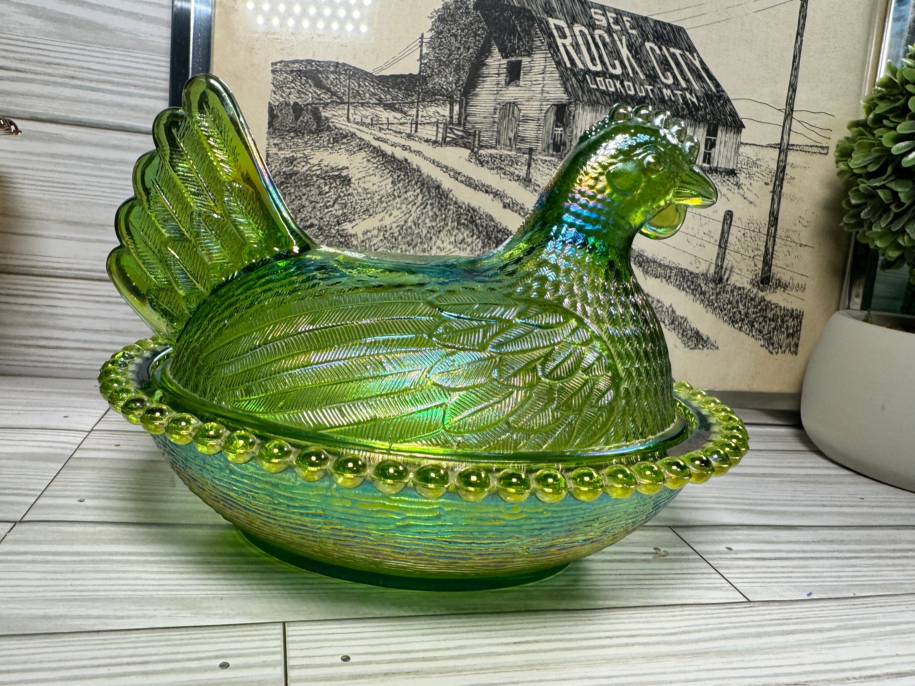 MCM Vintage Indiana Glass Company Lime Green Iridescent Carnival Hen on ...