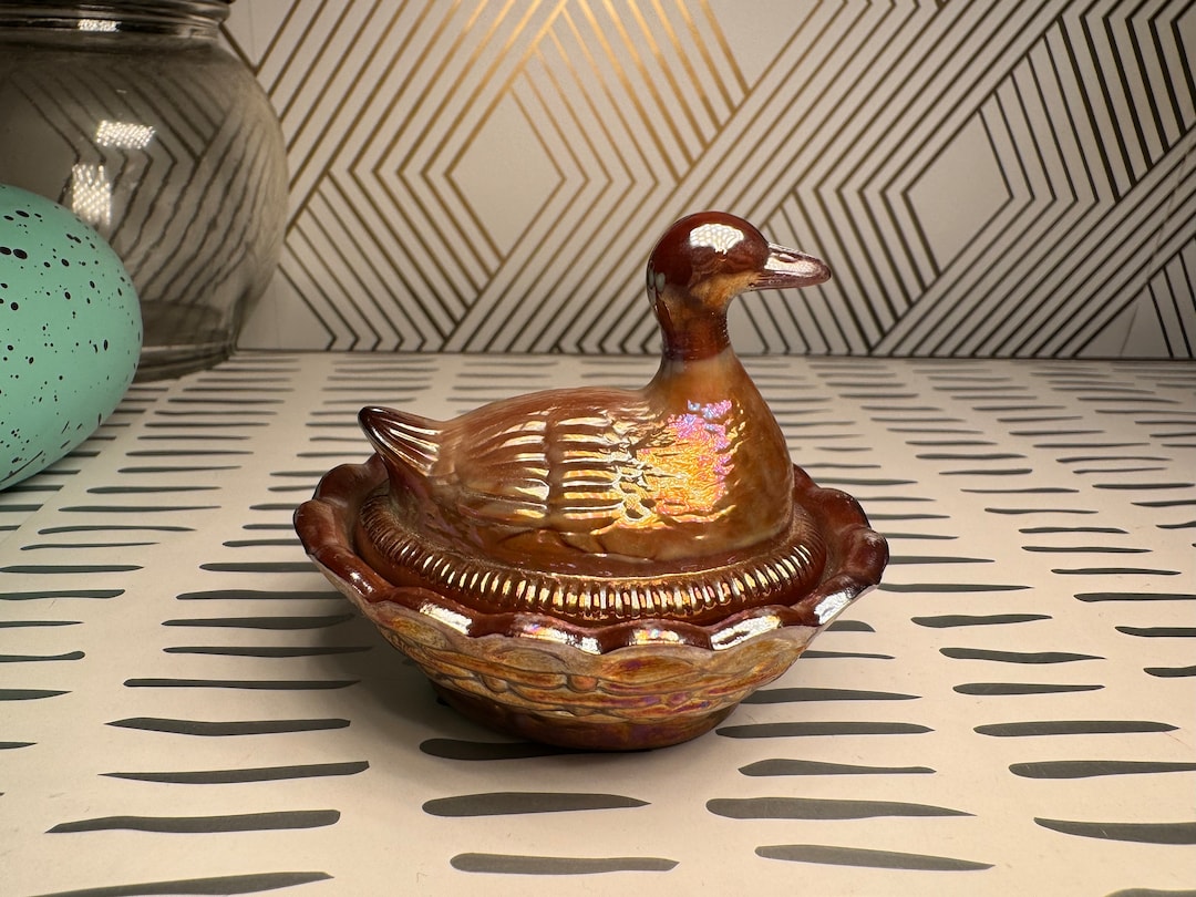 Vintage Boyd Crystal Art Glass Chocolate Carnival Glass Duck on Nest ...