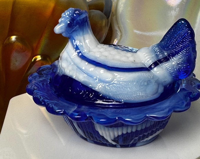 Vintage Mosser Glass Cobalt Blue Slag Swirl Marble Glass Hen on Nest ...