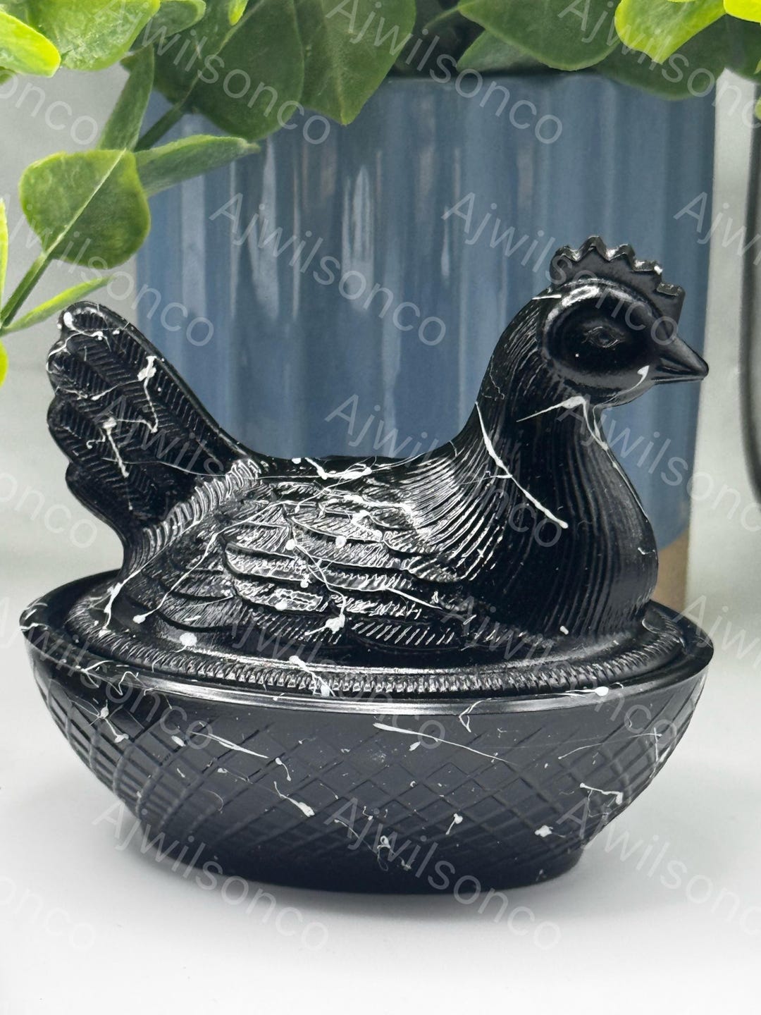 Vintage L.E. Smith Black Confettiware String 3” Splatter Glass Hen on ...