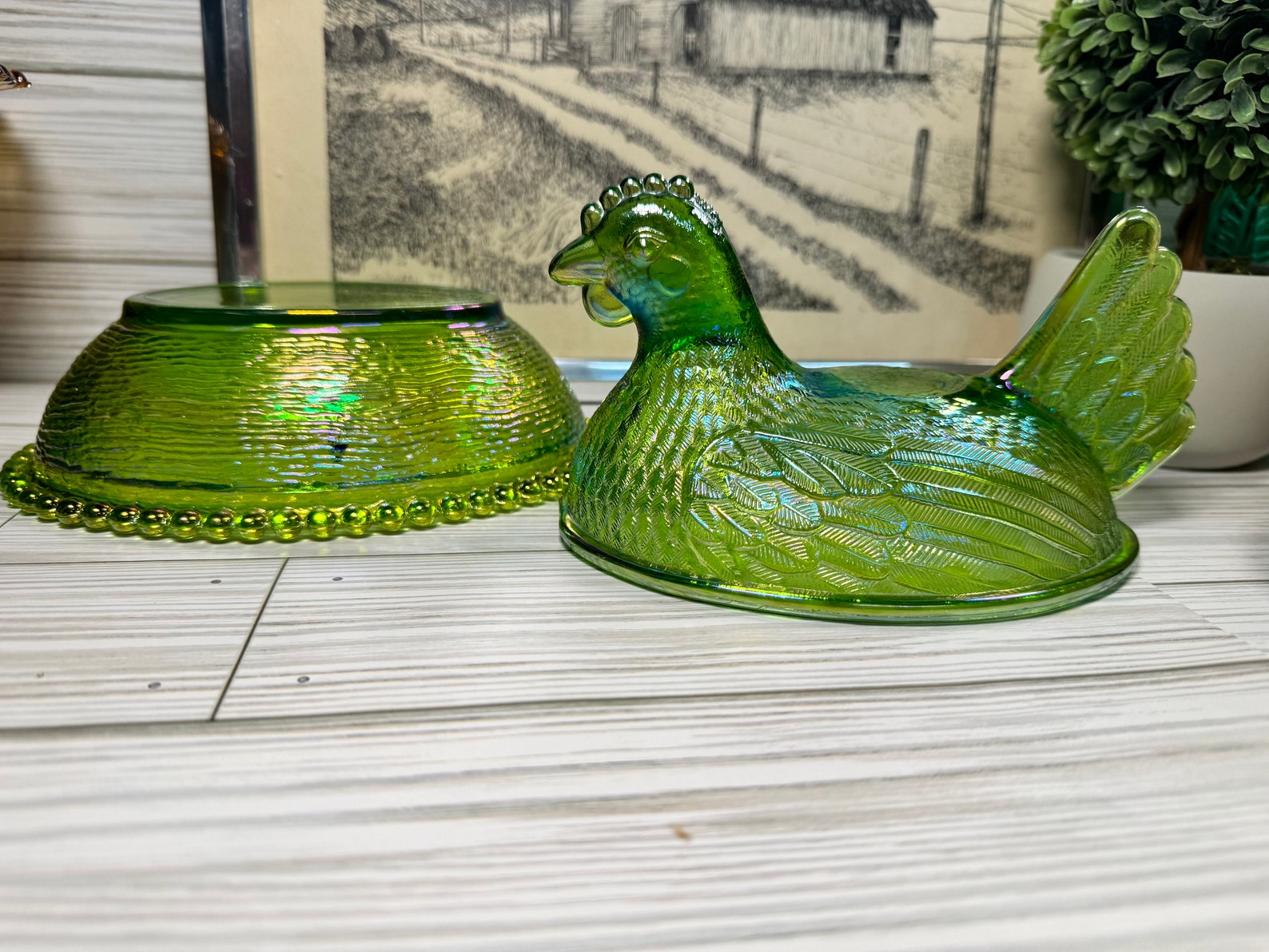 MCM Vintage Indiana Glass Company Lime Green Iridescent Carnival Hen on ...
