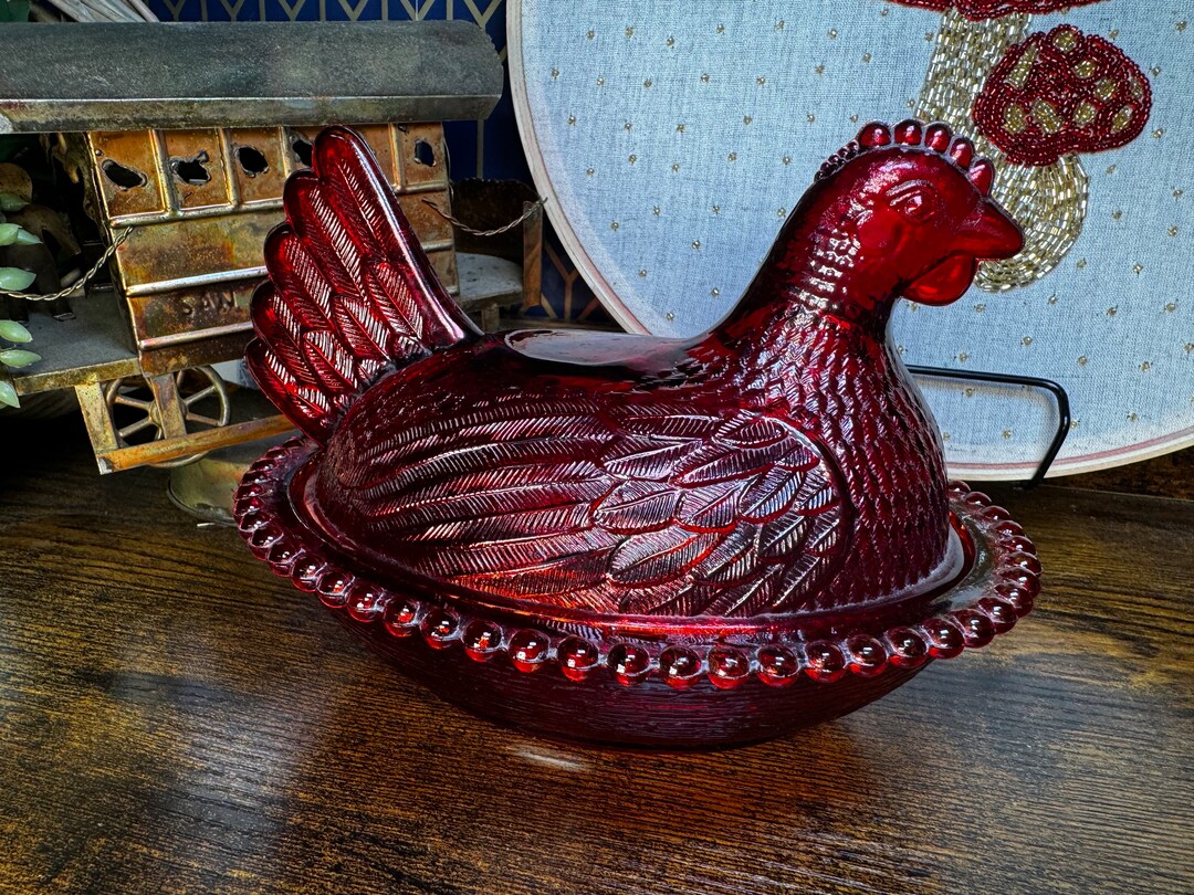 MCM Rare Vintage Indiana Glass Company Ruby Red Glass Hen on Nest Candy ...