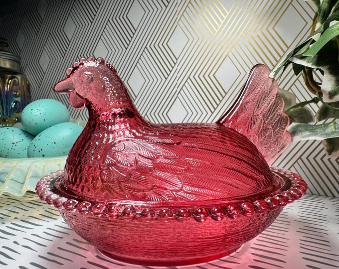 MCM Rare Vintage Indiana Glass Company Cranberry Glass Hen on Nest ...