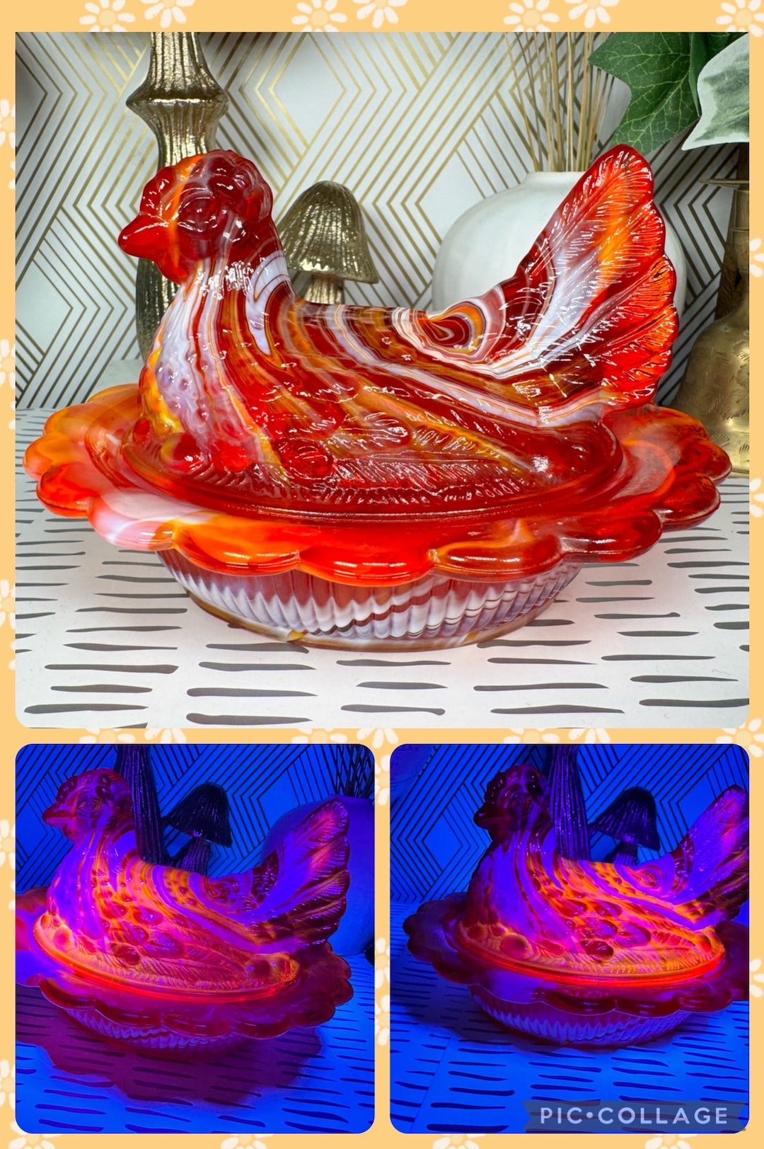 RARE VTG Mosser Glass Company Red Orange Slag Swirl Marble UV Split ...