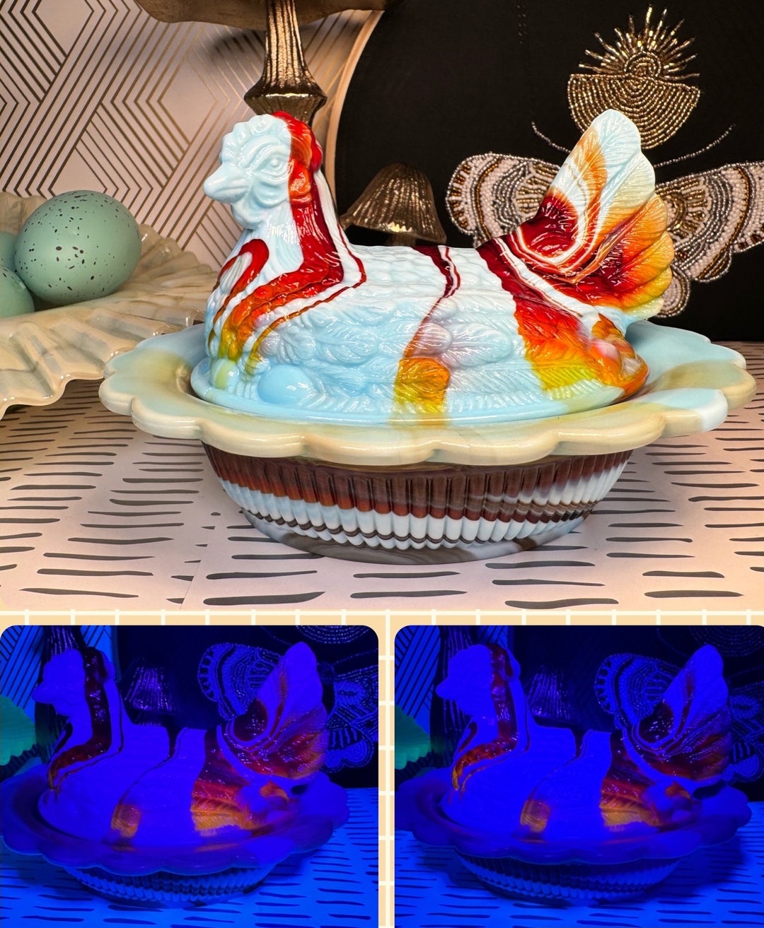 Super RARE Vintage Mosser Glass Fantasia Slag Turquoise Red Orange UV ...