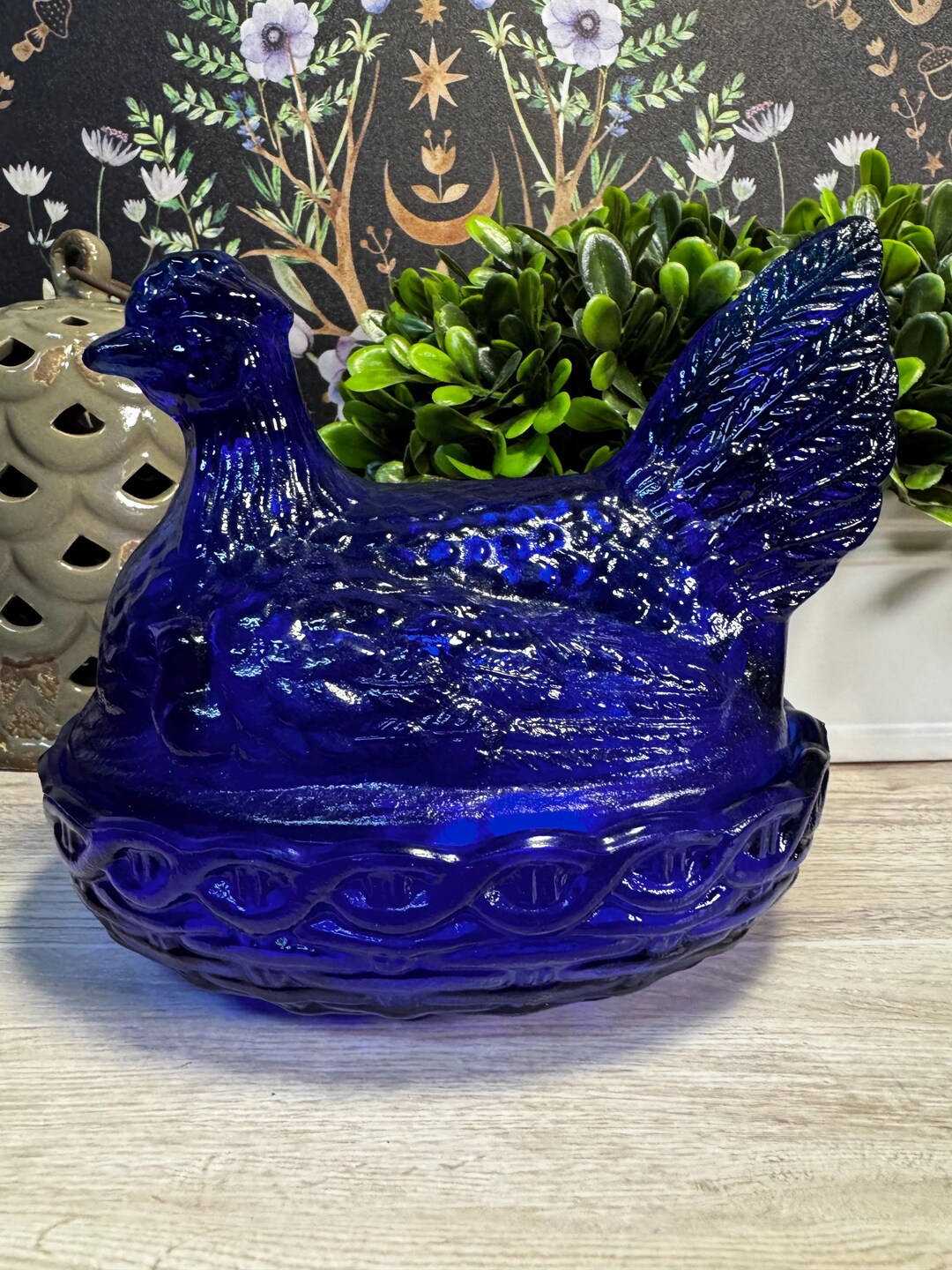 Vintage L.E. Smith Cobalt Blue Glass Hen With Chicks on a Nest Candy ...