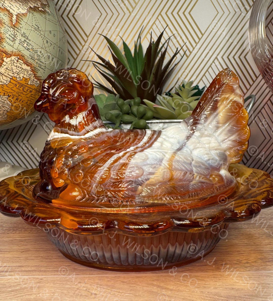 MCM Vintage Mosser Glass Amber Brown Crème Slag Glass Split Tail Hen on ...