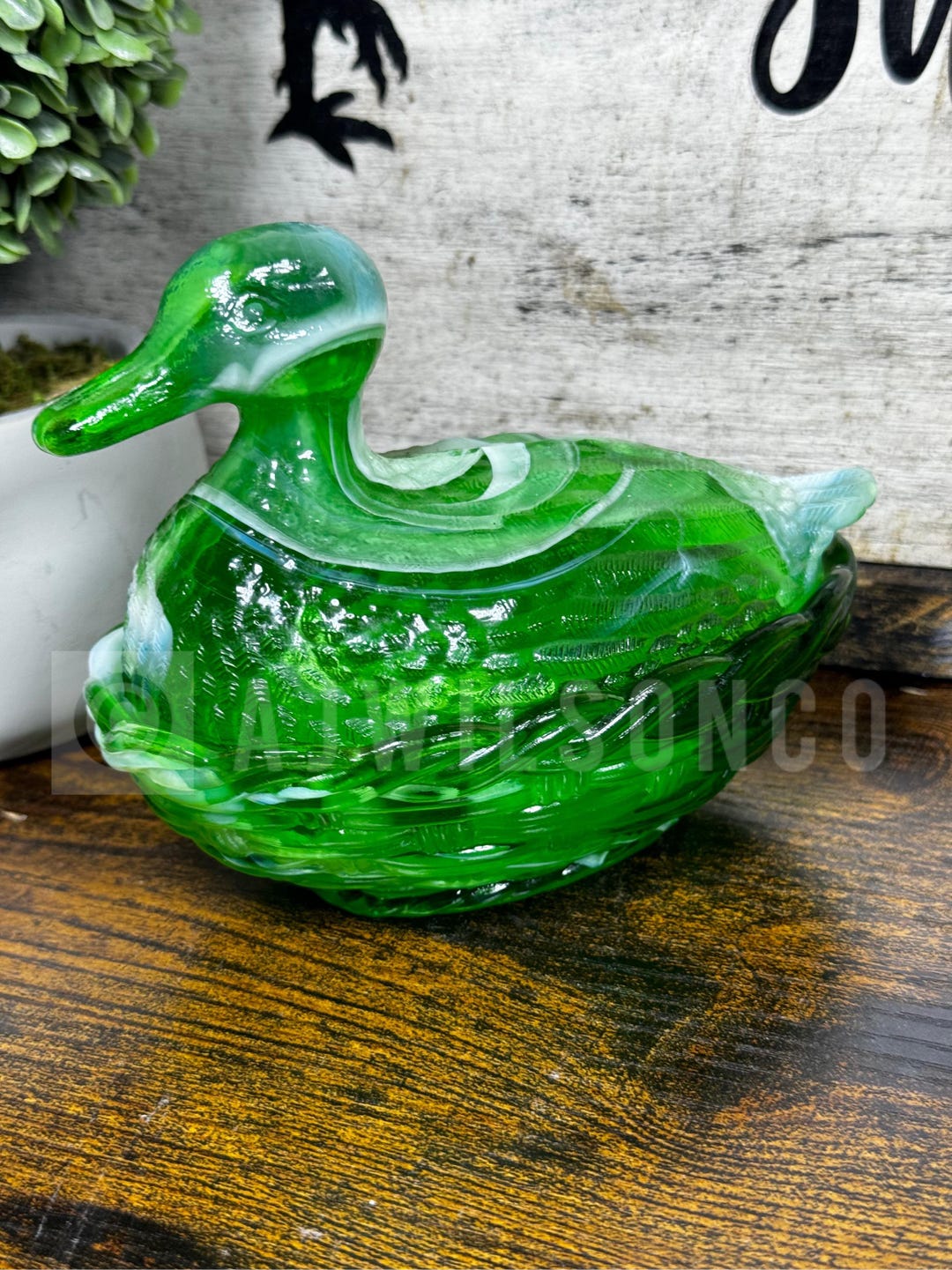 Vintage Mosser Glass Key Lime Green Slag Glass Duck on Nest Candy ...