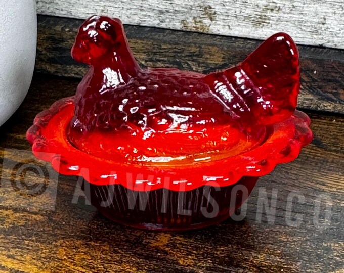 Vintage Mosser Glass Ruby Red Orange UV Slag Glass Hen on Nest Salt ...