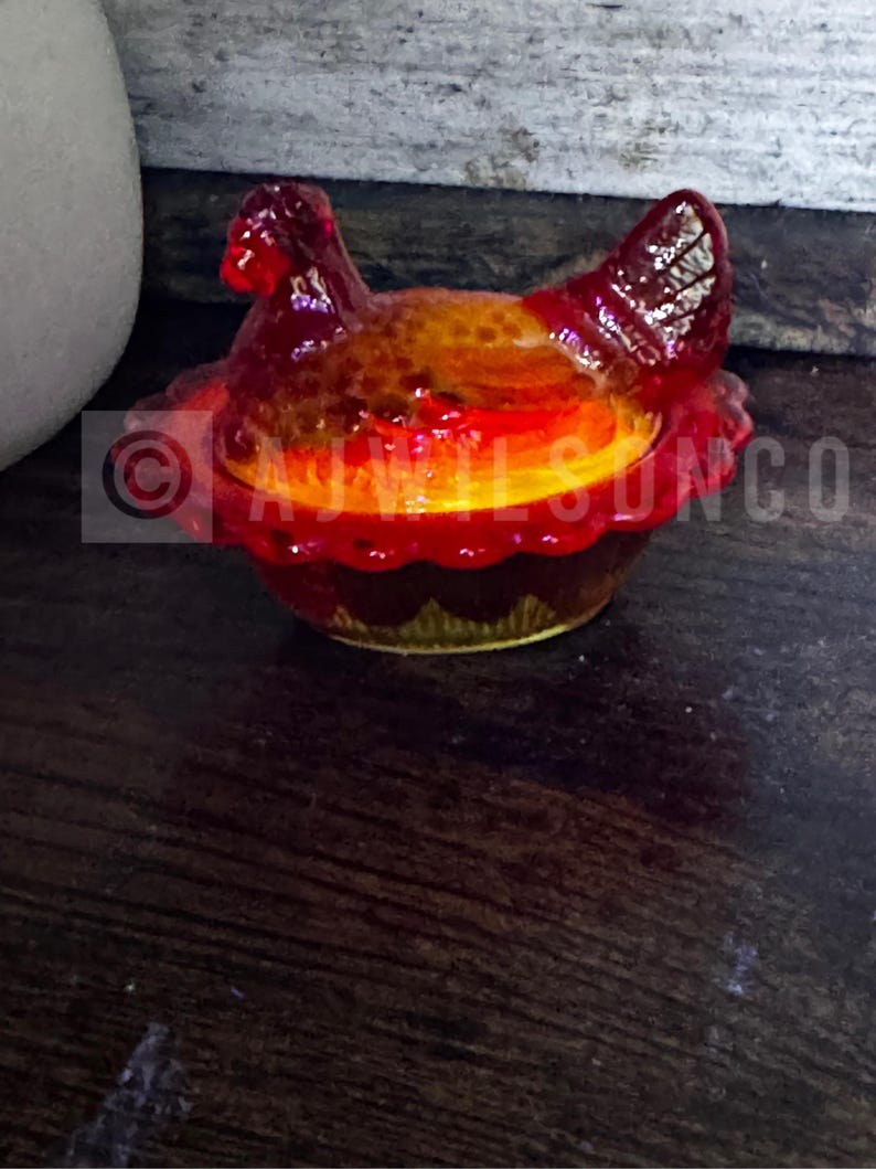 Vintage Mosser Glass Ruby Red Orange UV Slag Glass Hen on Nest Salt Cellar Dip Trinket Dish UV ...