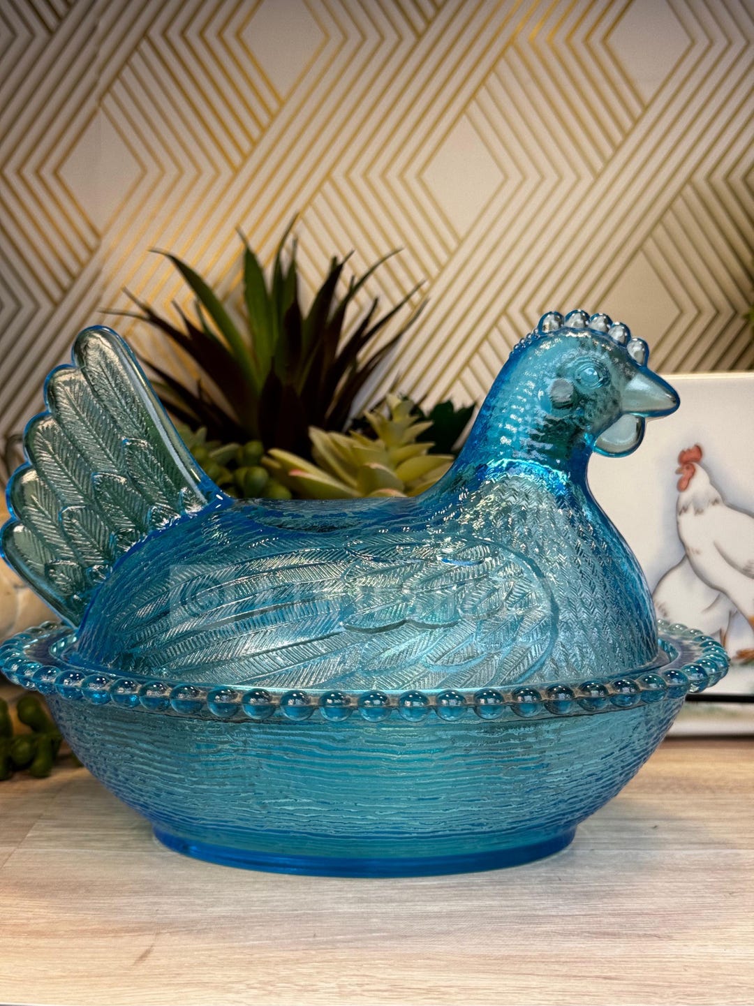 MCM Rare Vintage Indiana Glass Company Horizon Blue Hen on Nest Candy ...