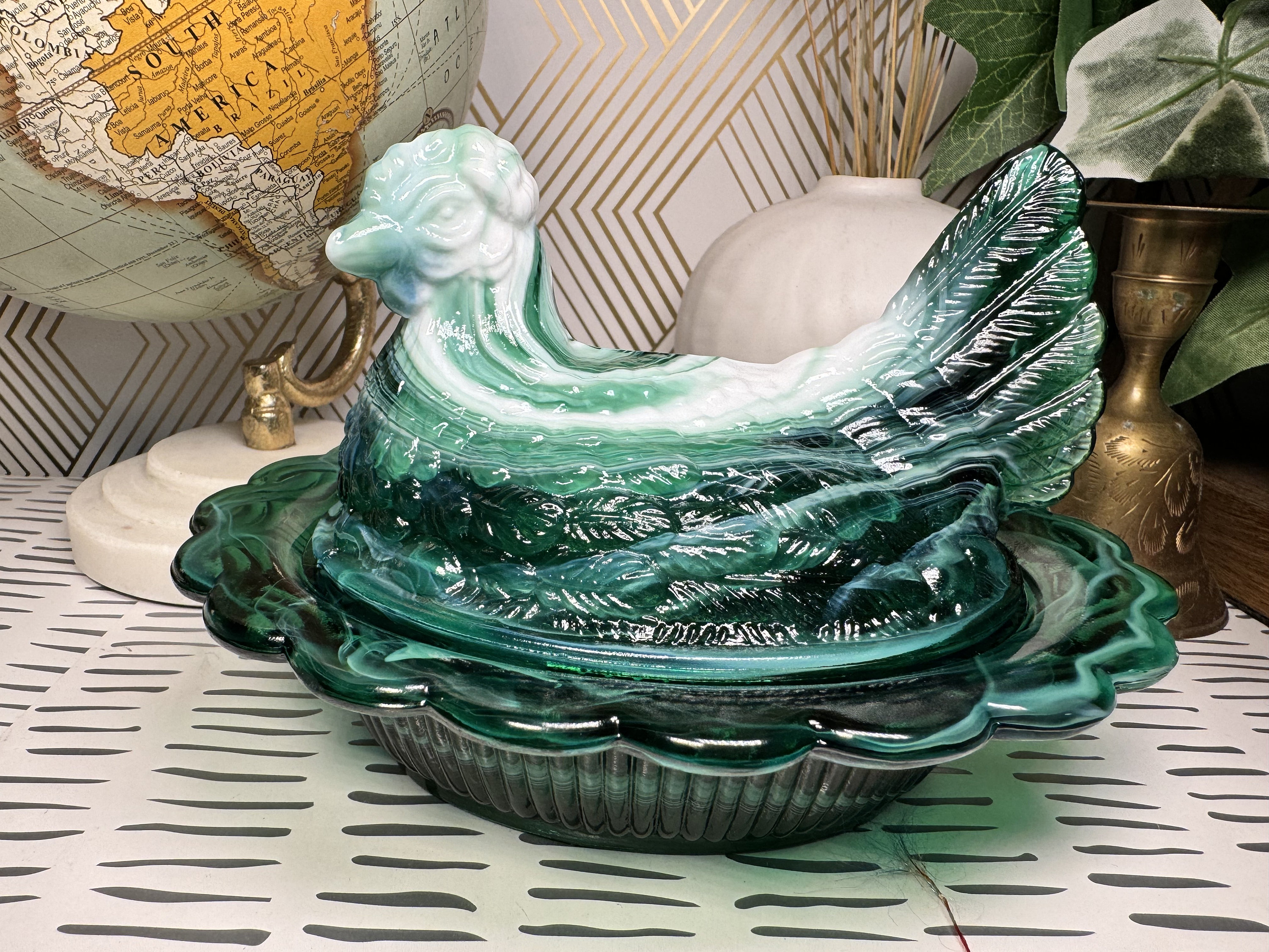 RARE MCM Vintage Mosser Glass Dark Hunter Green Slag Split Tail Glass ...