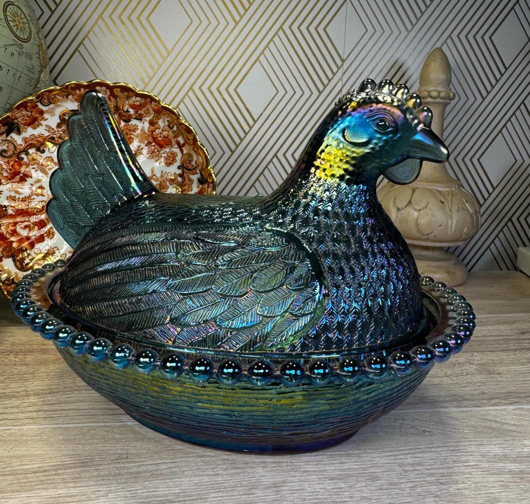 MCM Vintage Indiana Glass Blue Iridescent Carnival Hen on Nest Candy ...