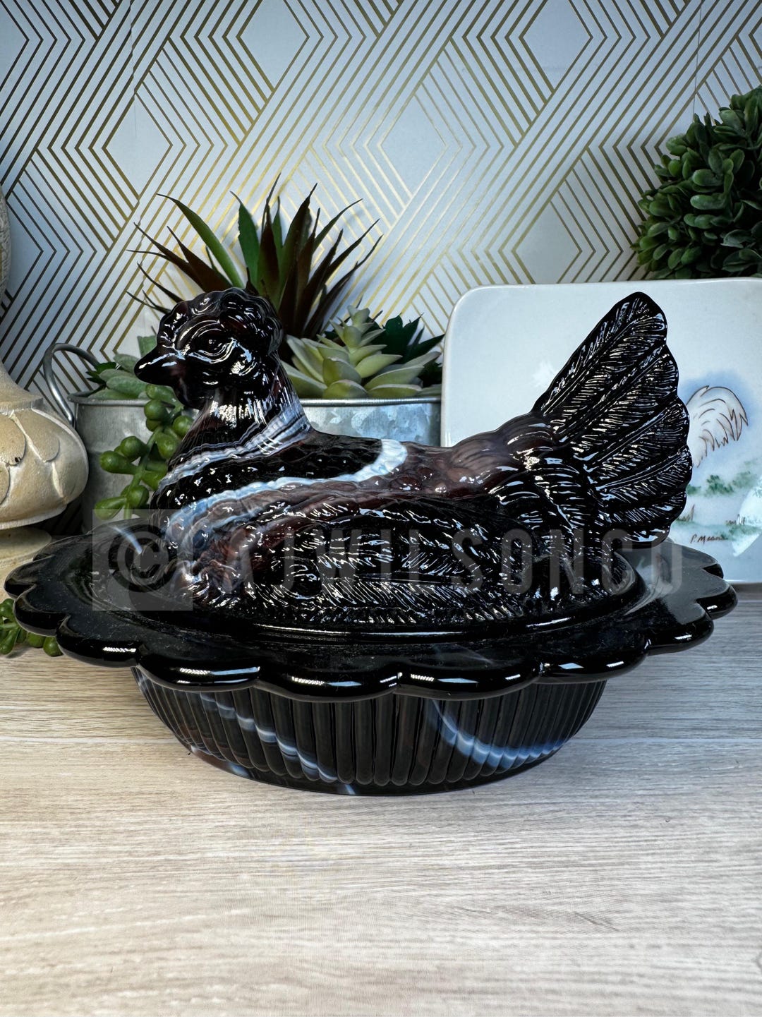 MCM Vintage Mosser Glass Black Amethyst Slag Purple Plum Swirl Marble ...