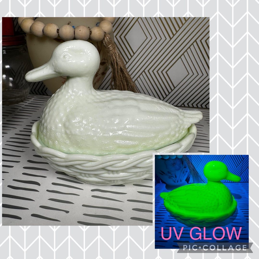 RARE Vintage Mosser Glass Custard Uranium UV Glass Duck on Nest Candy ...