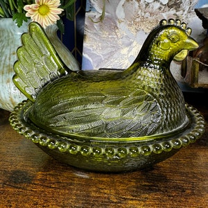 MCM Vintage Indiana Glass Company Olive Green Glass Hen on Nest Candy ...