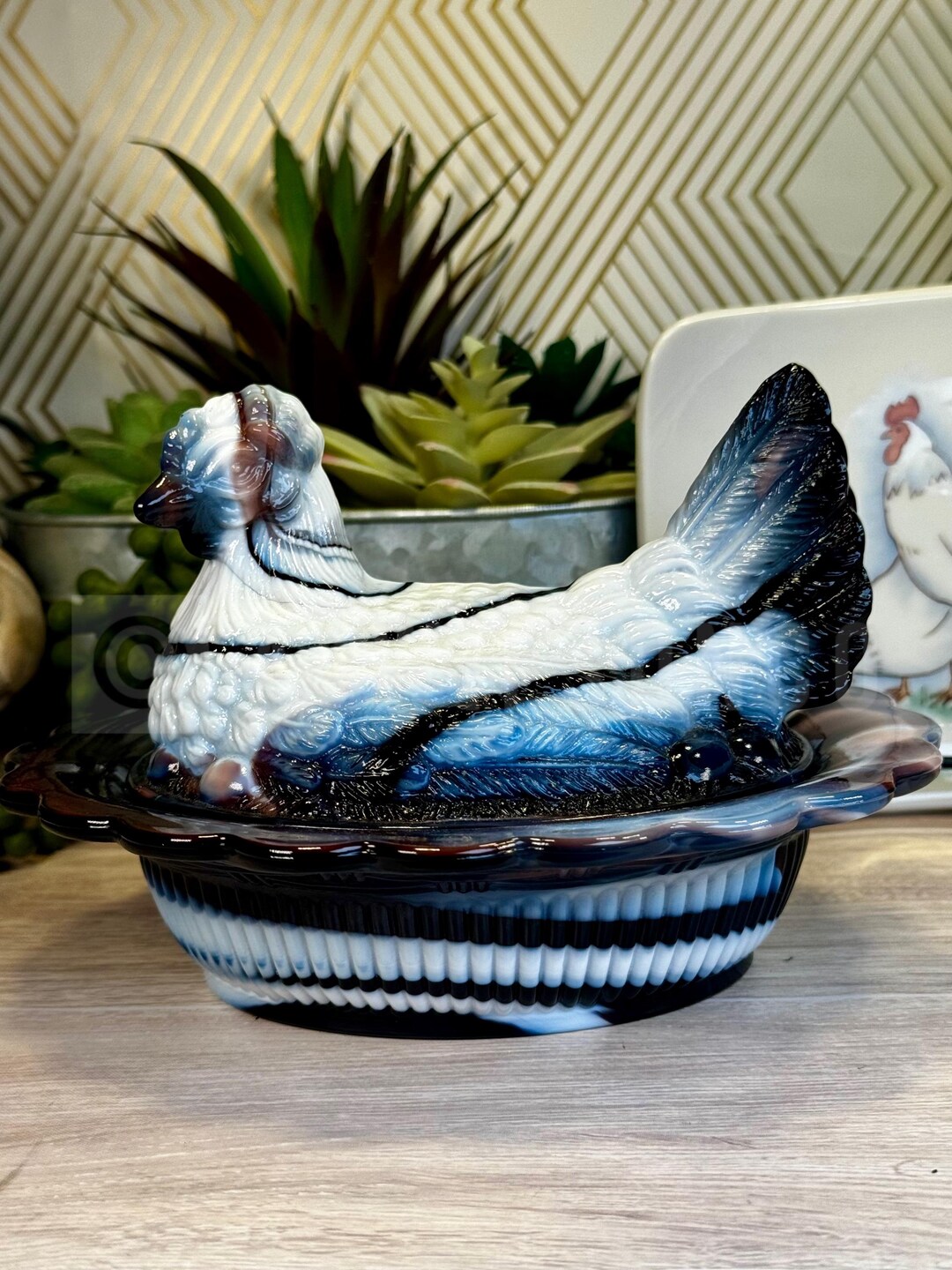 RARE MCM Vintage Mosser Glass Purple Blue Slag Swirl Marble Glass Split ...