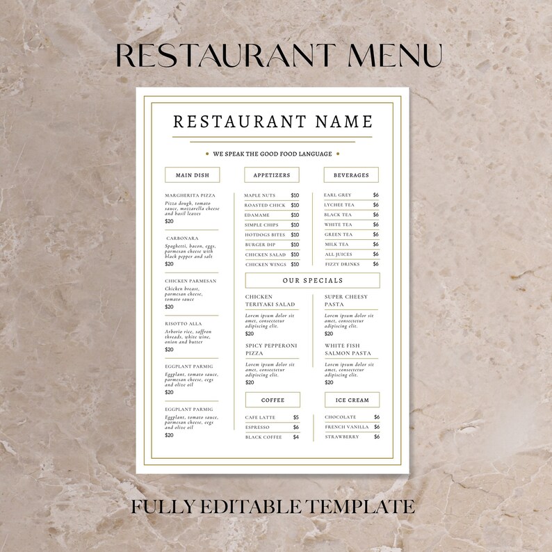 Minimal Restaurant Menu Template Editable Menu Template Menu Template ...