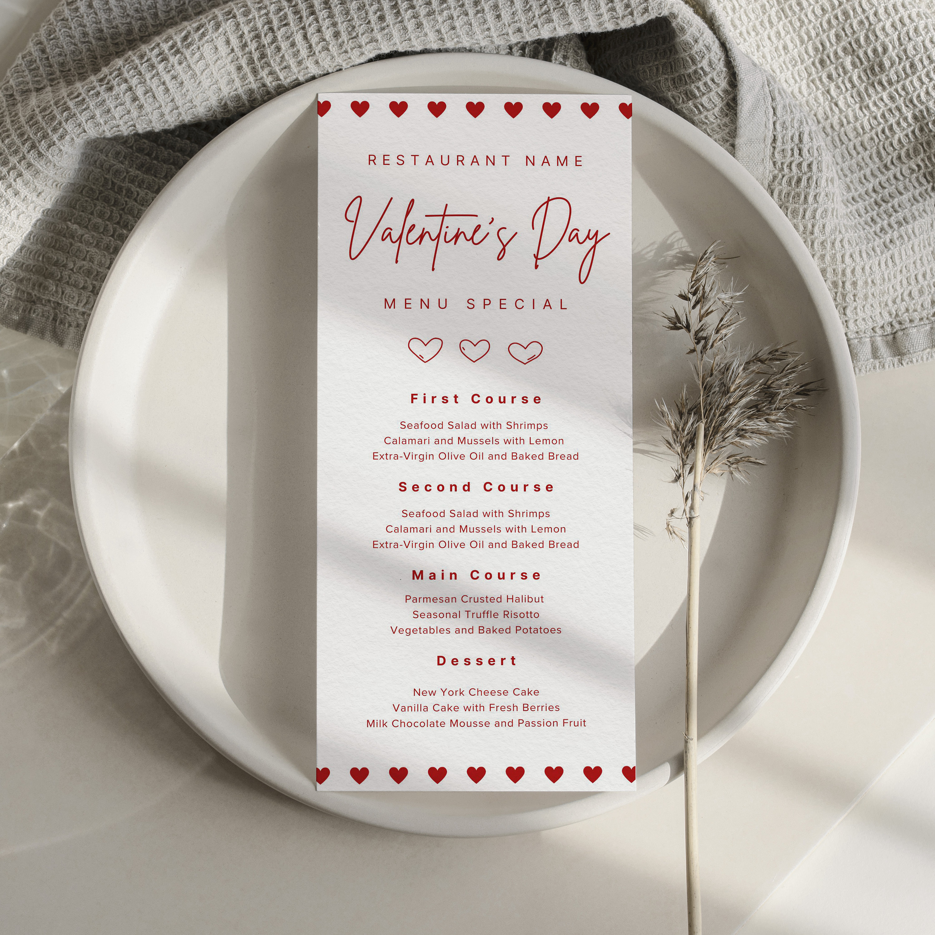 Valentine's Day Menu Template, Modern Valentine Menu Card, Printable ...